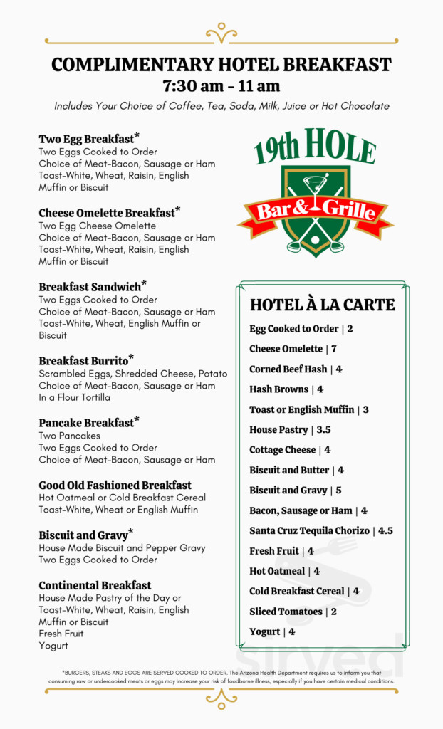 The 19th Hole Bar and Grille menu in Green Valley, Arizona, USA