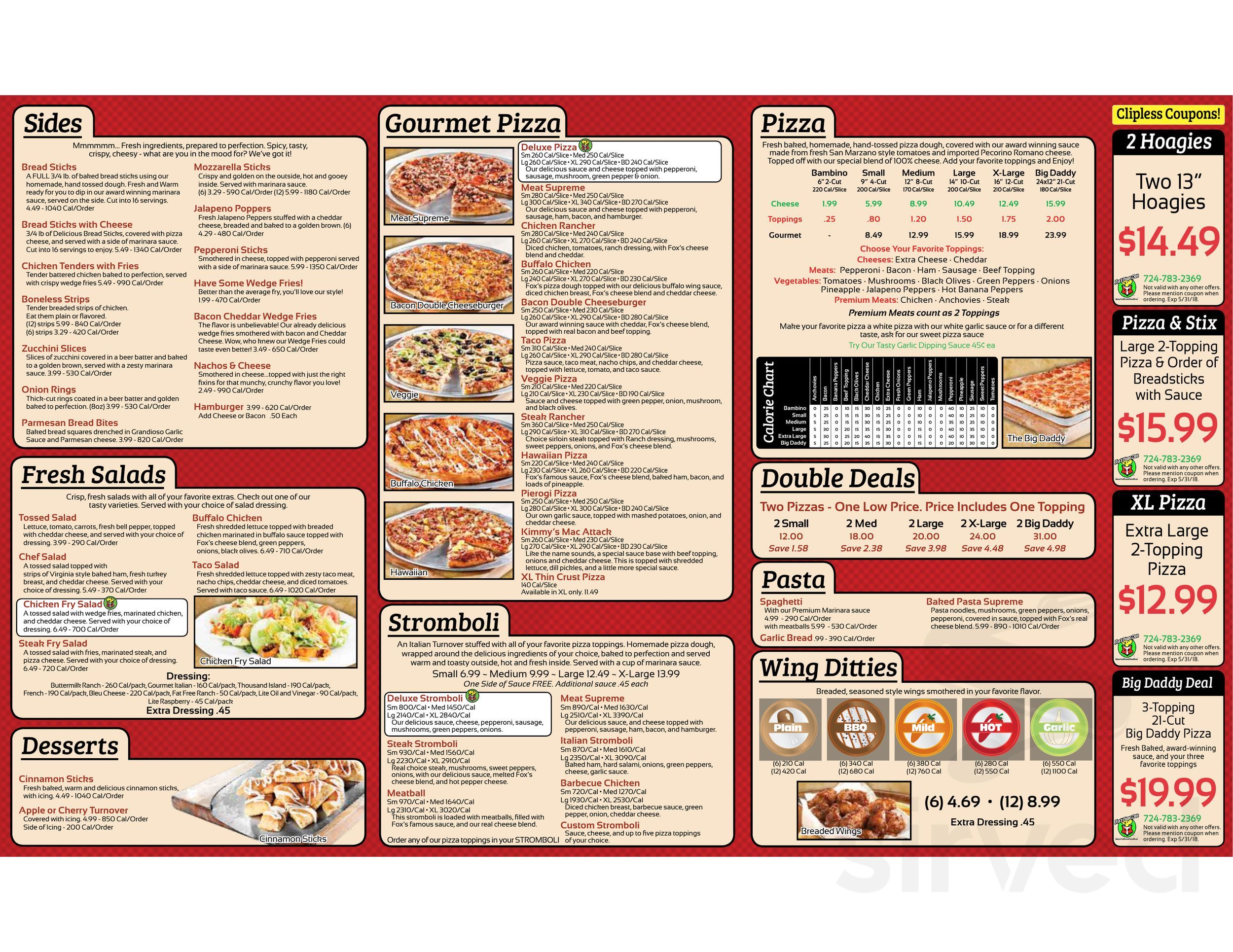 Fox's Pizza Den menu in Rural Valley, Pennsylvania, USA