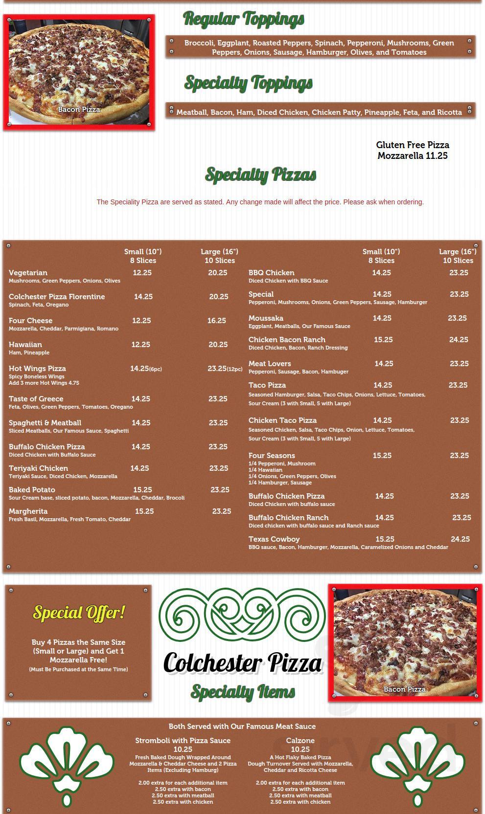 Colchester Pizza Restaurant menu in Colchester, Connecticut, USA