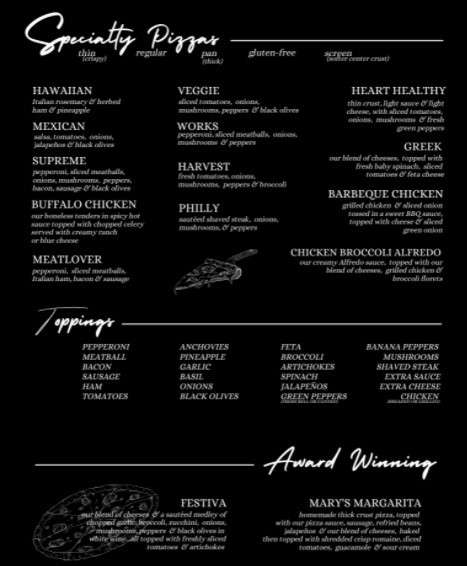 Mary's Pizza Inc. menu in Gorham, New Hampshire, USA