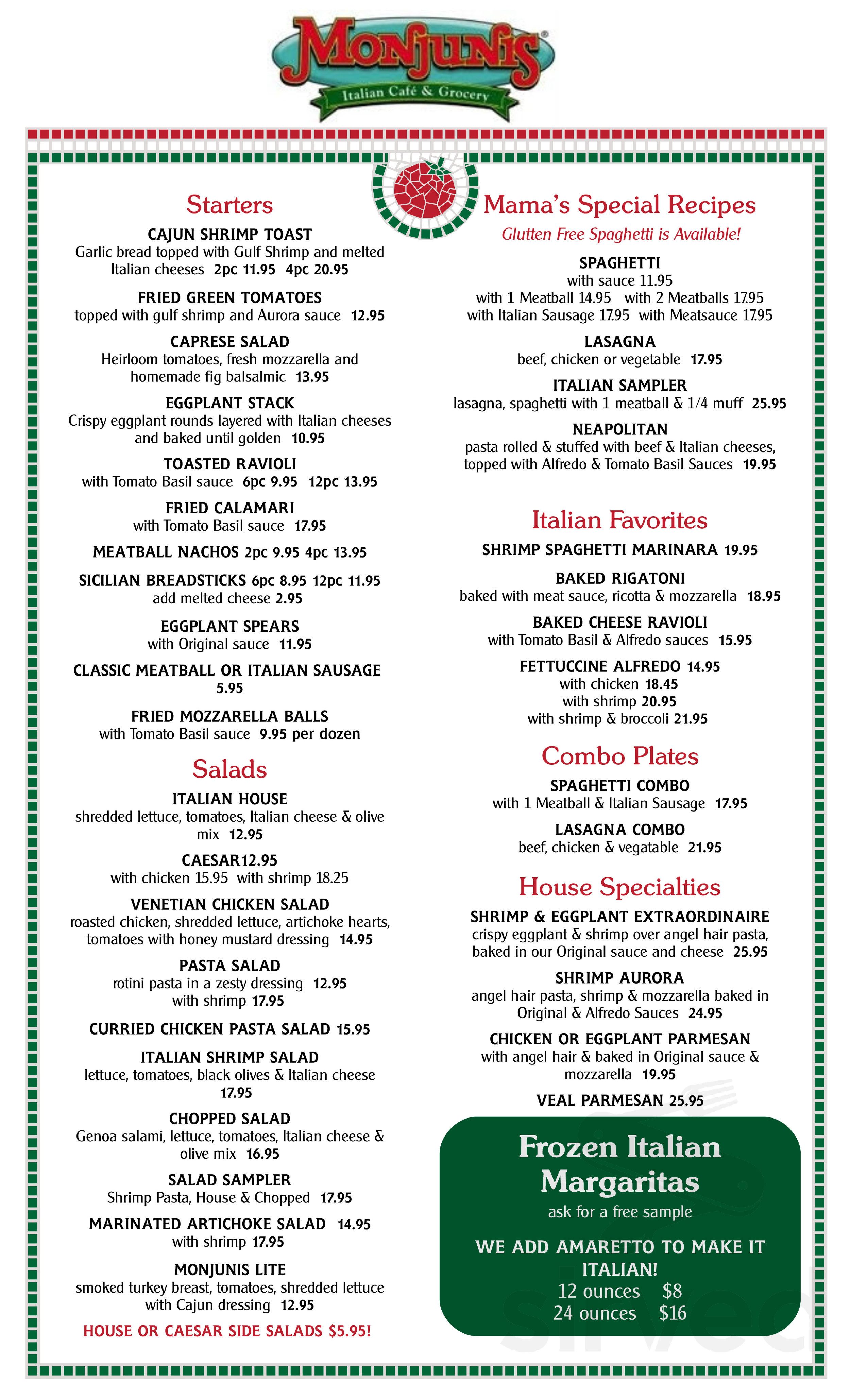 Menu for Monjunis Italian Cafe & Grocery in Shreveport, LA | Sirved