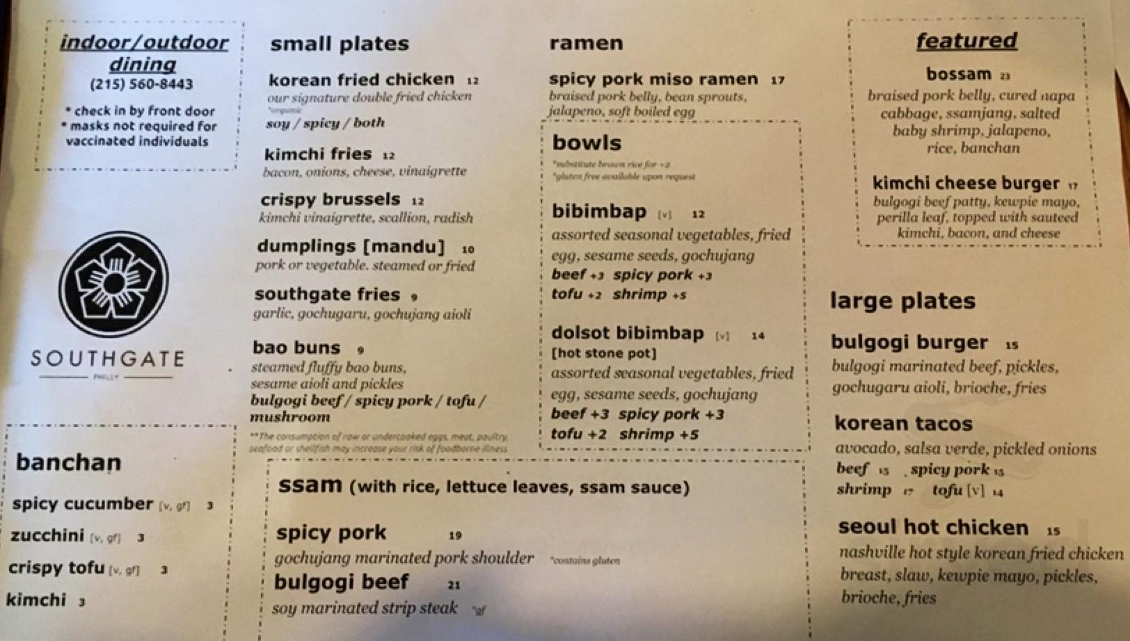 SouthGate menu in Philadelphia, Pennsylvania, USA