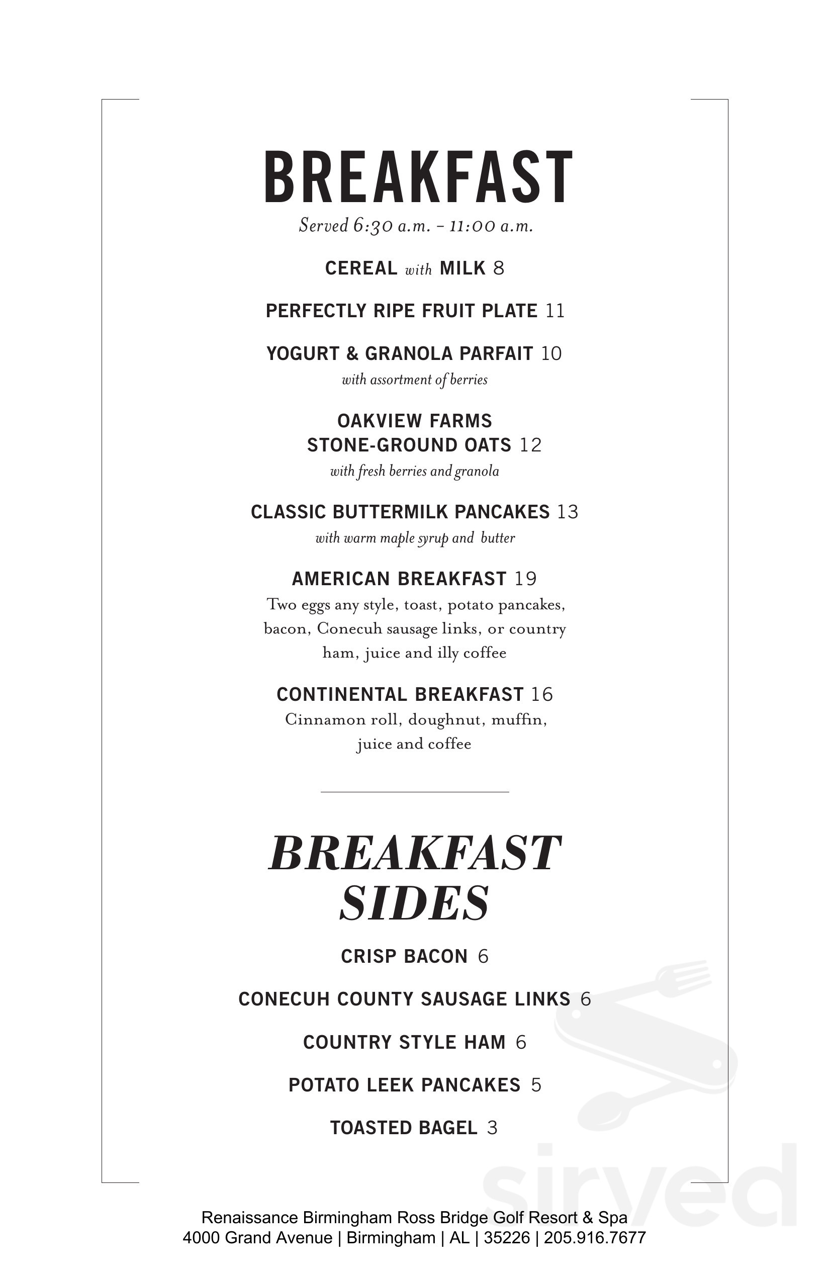 Brock's At Ross Bridge menu in Birmingham, Alabama, USA