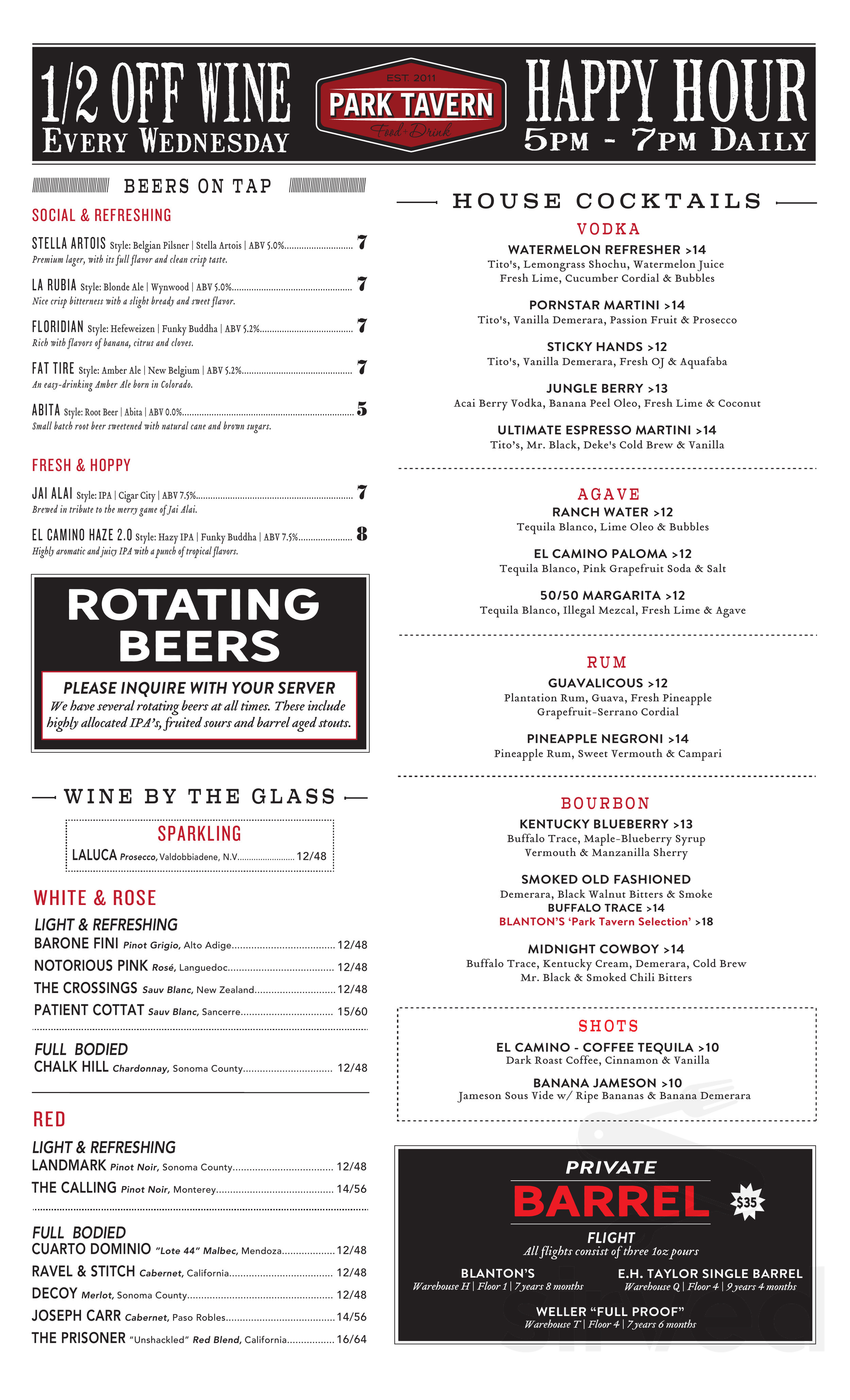 Menu - Delray Beach FL's Park Tavern | Sirved
