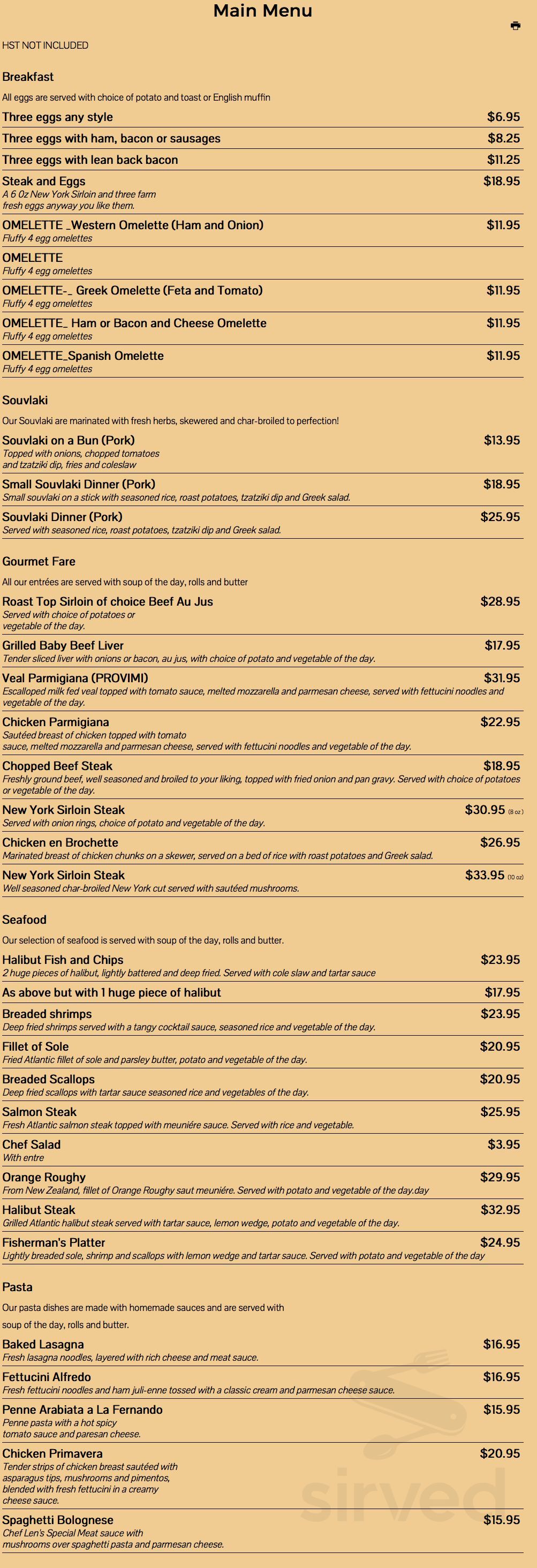 Peter's on Eglinton Restaurant menu in Mississauga, Ontario, Canada
