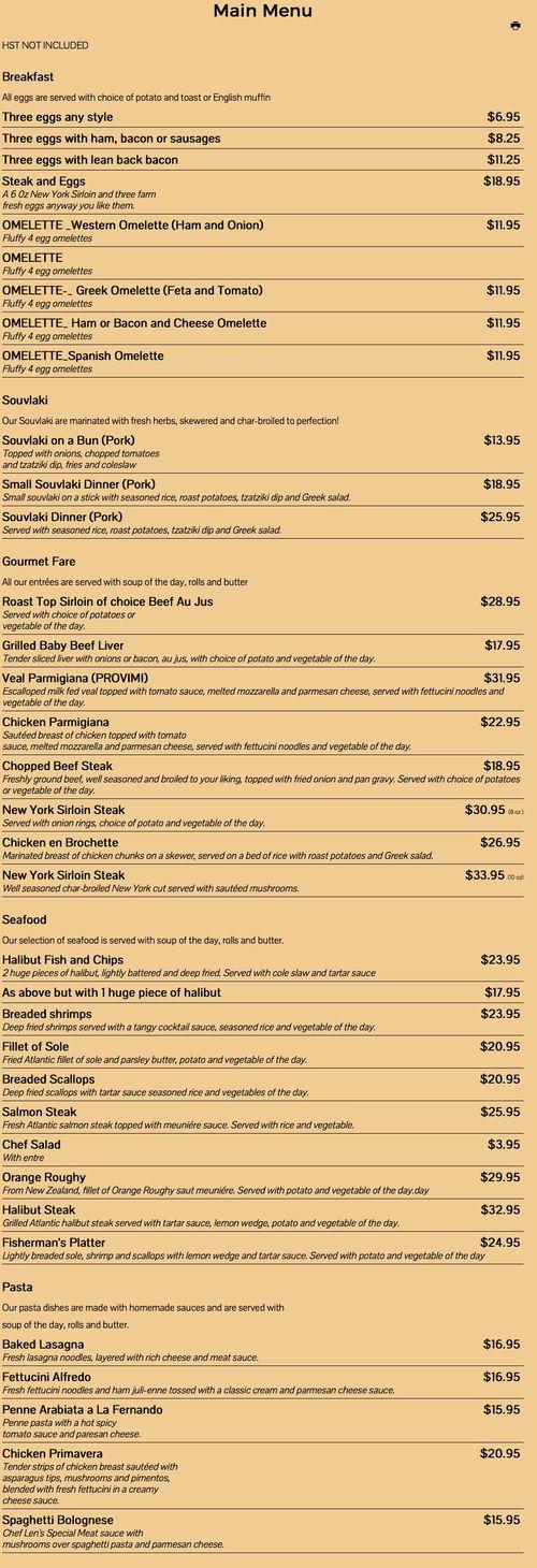 Peter's on Eglinton Restaurant menu in Mississauga, Ontario, Canada