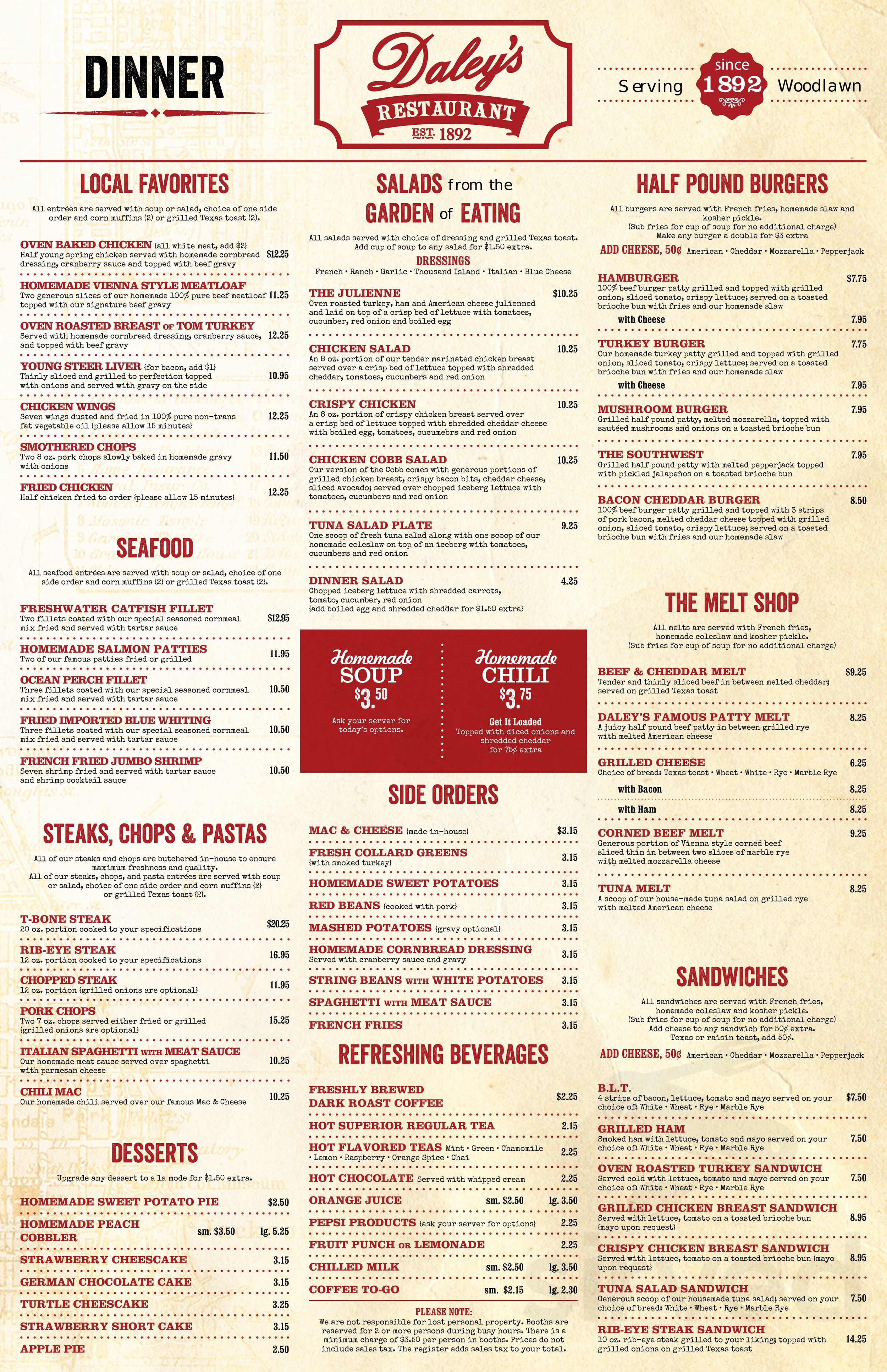 Daley's Restaurant menu in Chicago, Illinois, USA