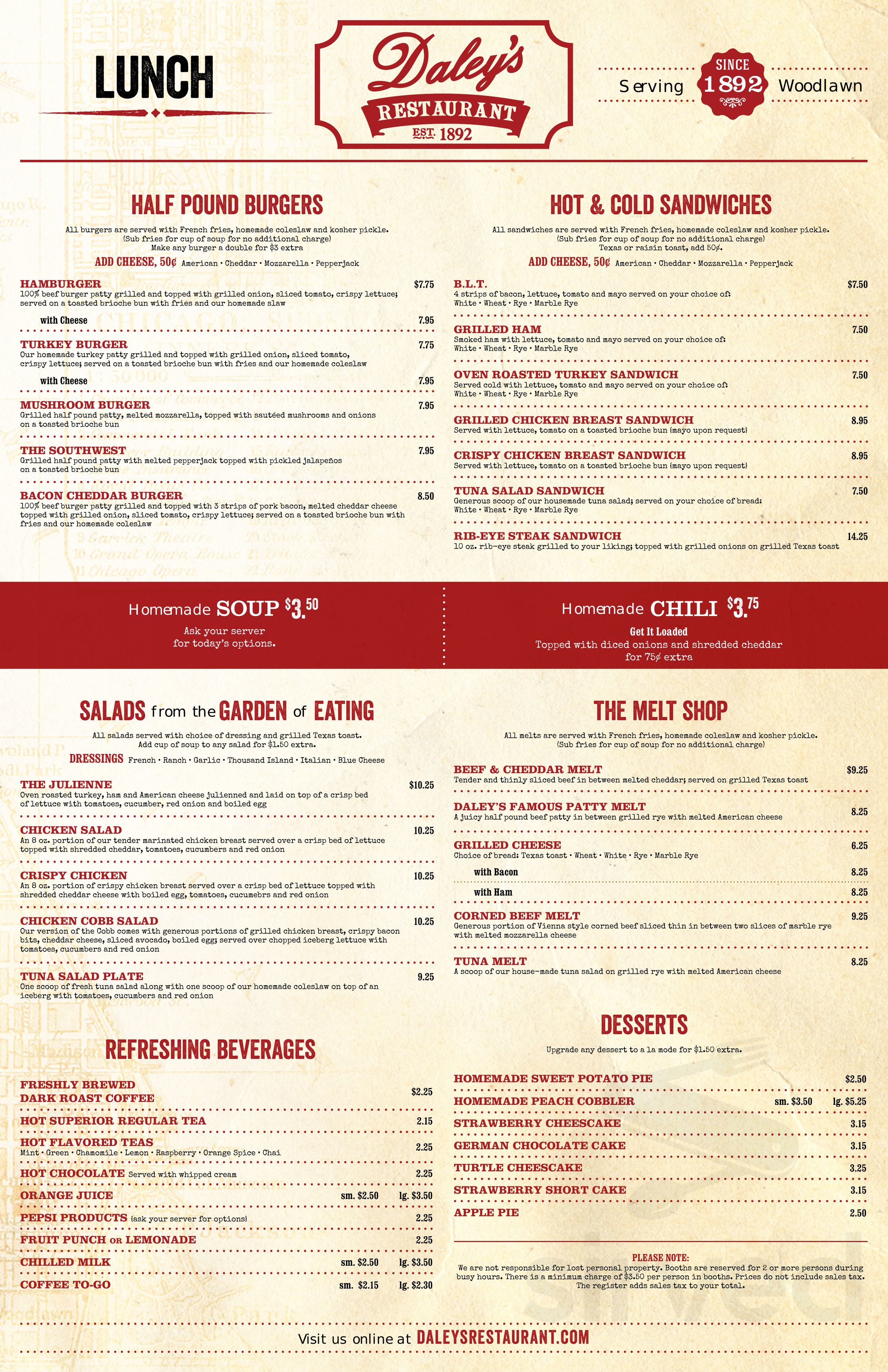 Daley's Restaurant menu in Chicago, Illinois, USA