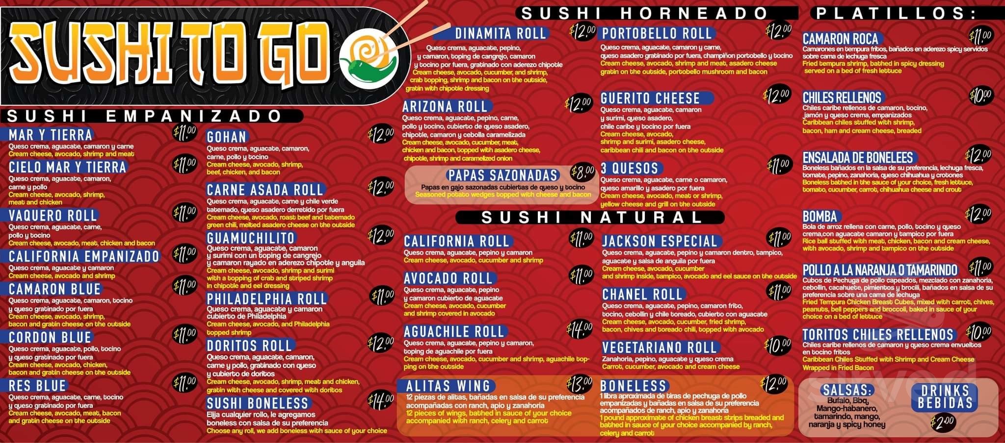Sushi to go menu in Mesa, Arizona, USA