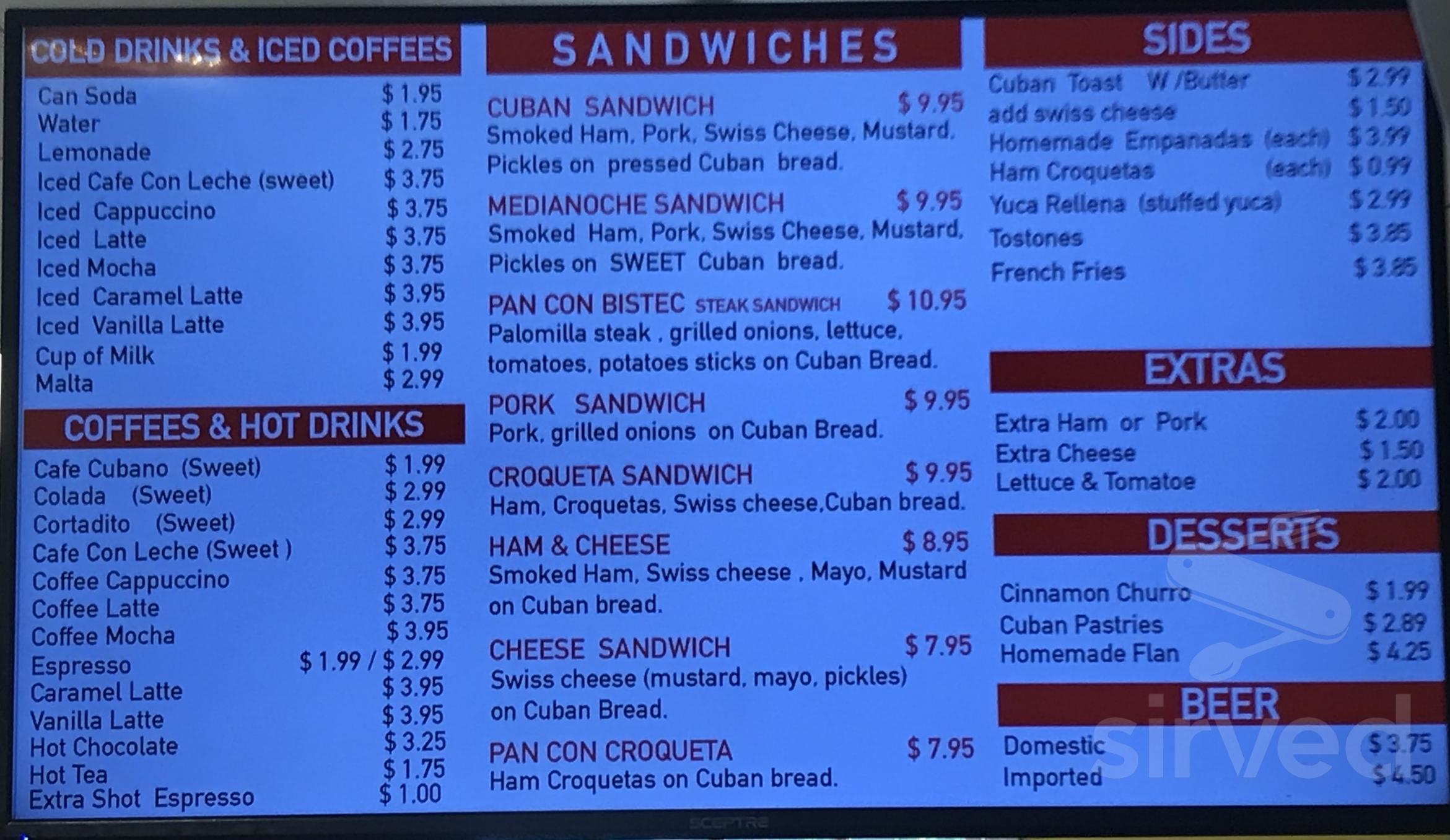 Menu for The Cuban Café And Bakery in St. Augustine, FL | Sirved