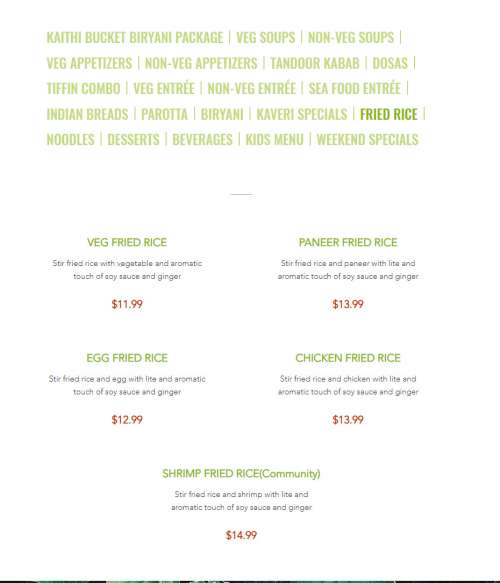 Kaveri South Indian Restaurant menu in Gaithersburg, Maryland, USA