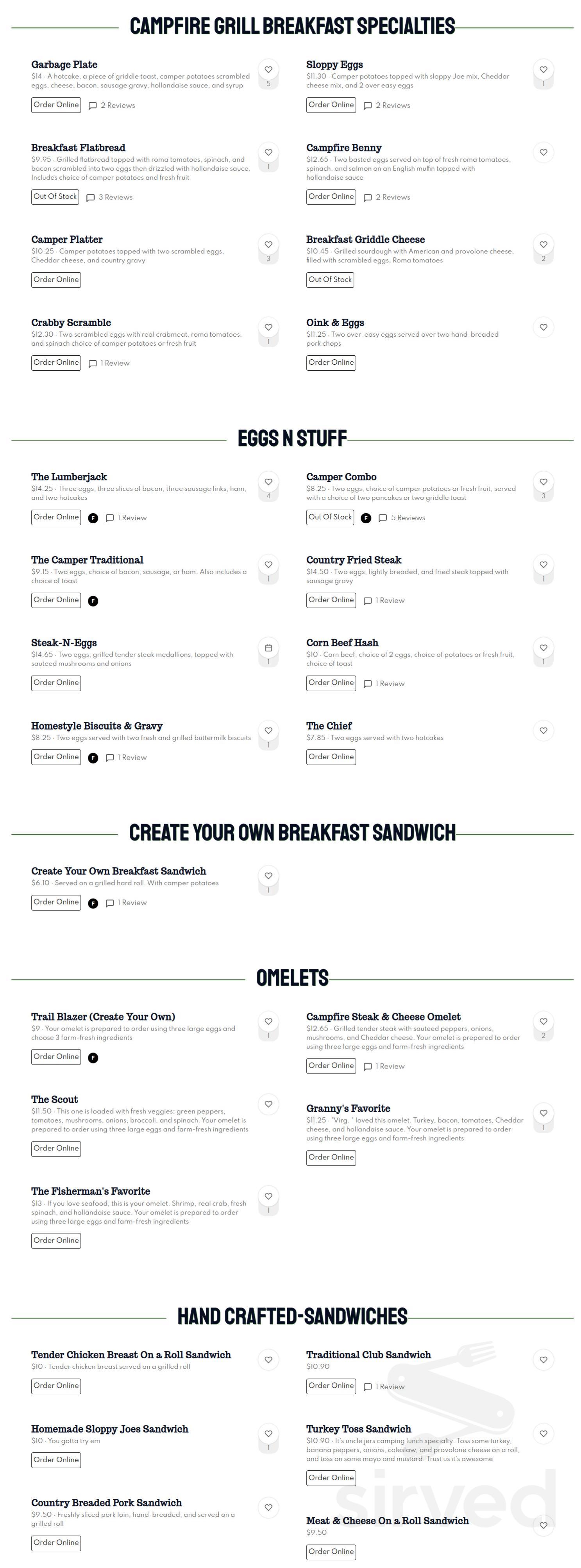 Campfire Grill menu in Clarence, New York, USA