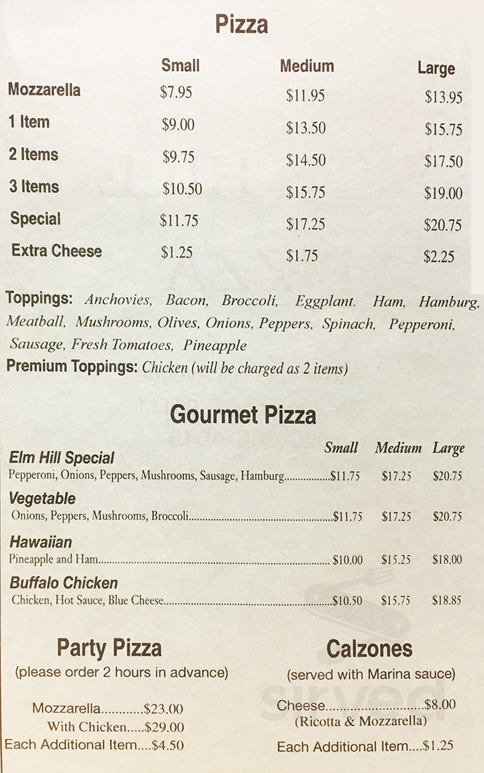 Elm Hill Pizza menu in Newington, Connecticut, USA