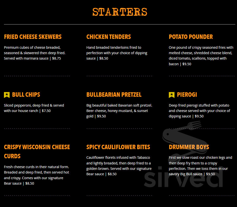Bull & Bear Neighborhood Grille and Tavern menu in Youngstown, Ohio, USA