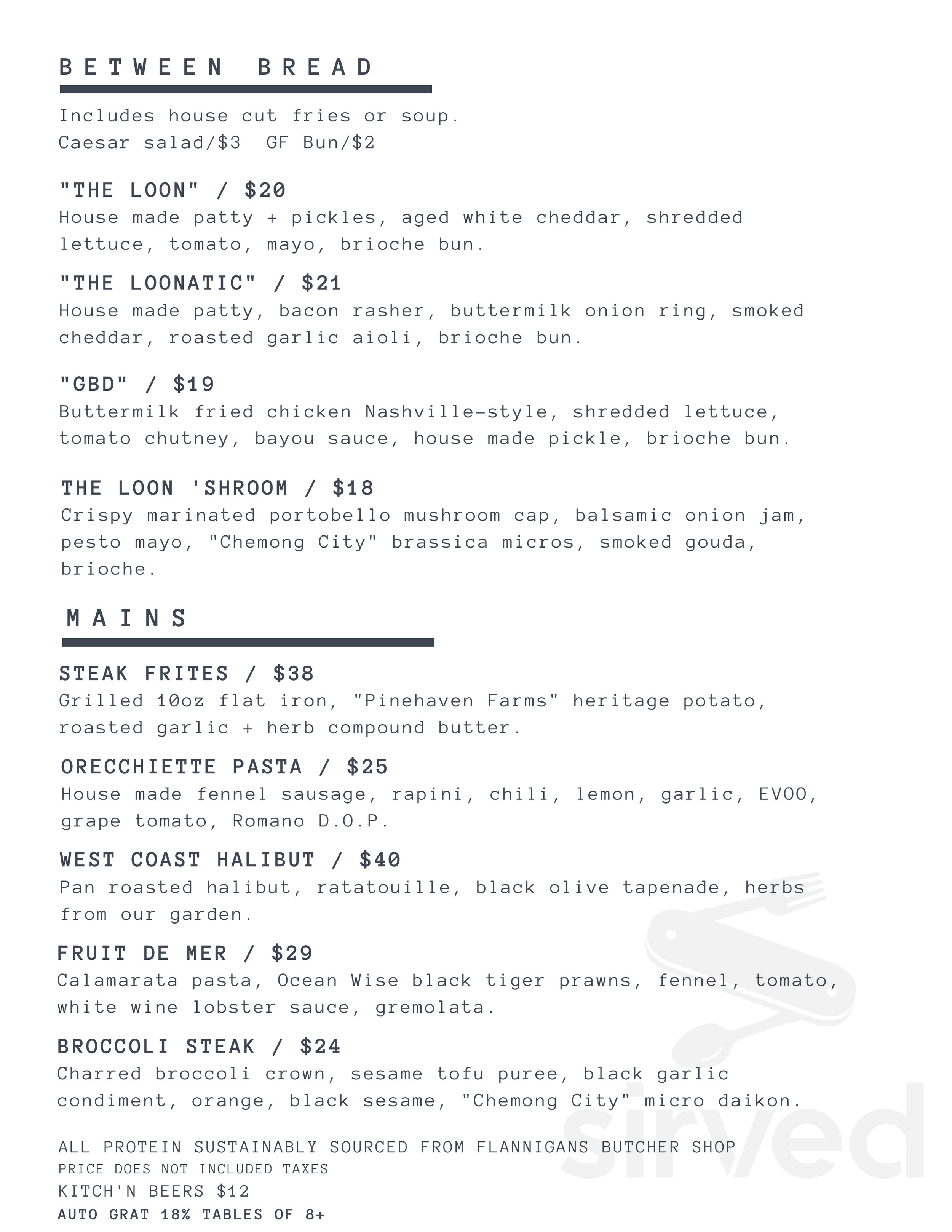 The Loon Lakefield menu in Lakefield, Ontario, Canada