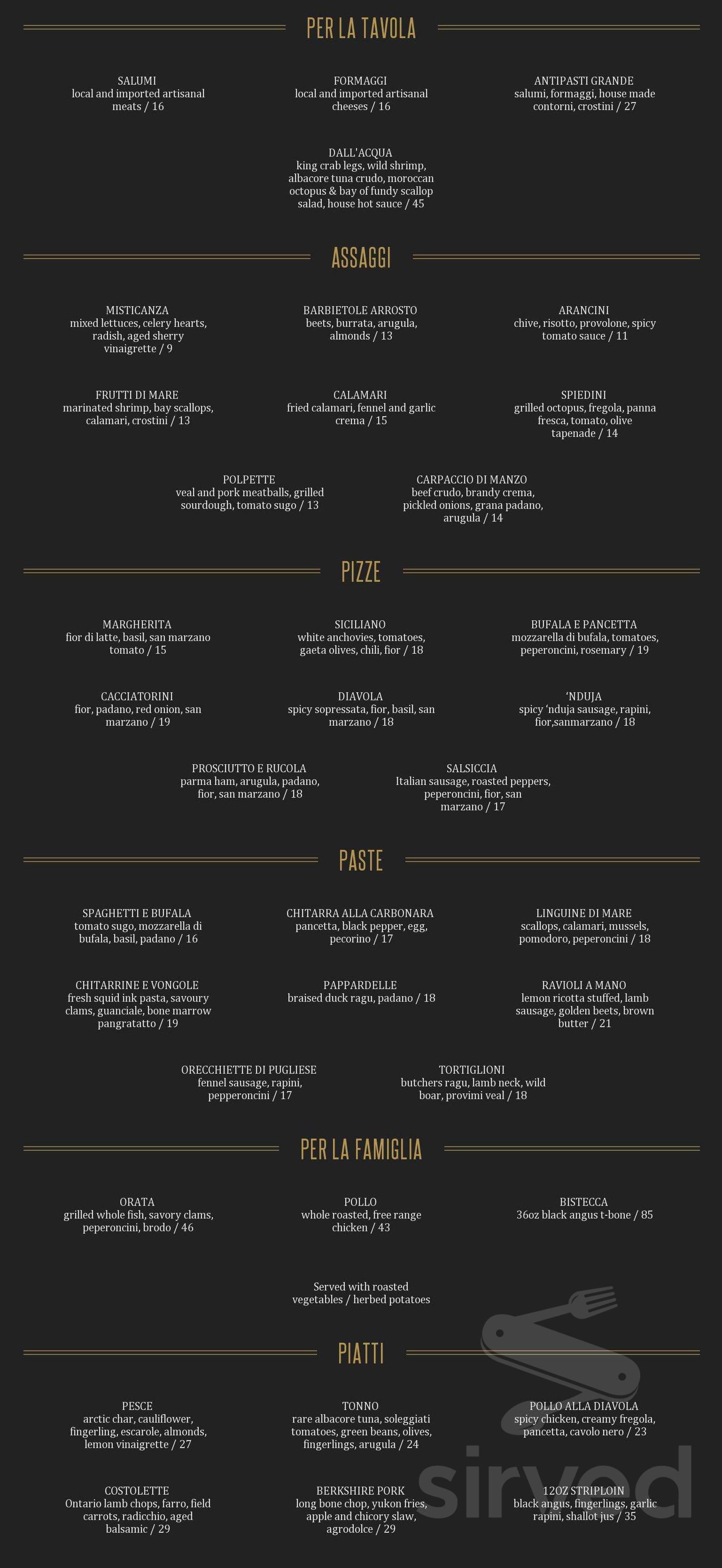 Taverna Mercatto menu in Toronto, Ontario, Canada