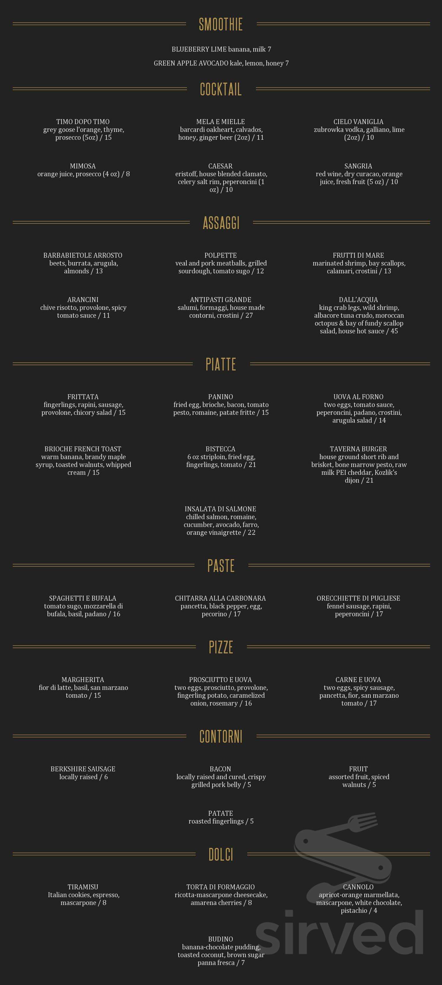 Taverna Mercatto menu in Toronto, Ontario, Canada