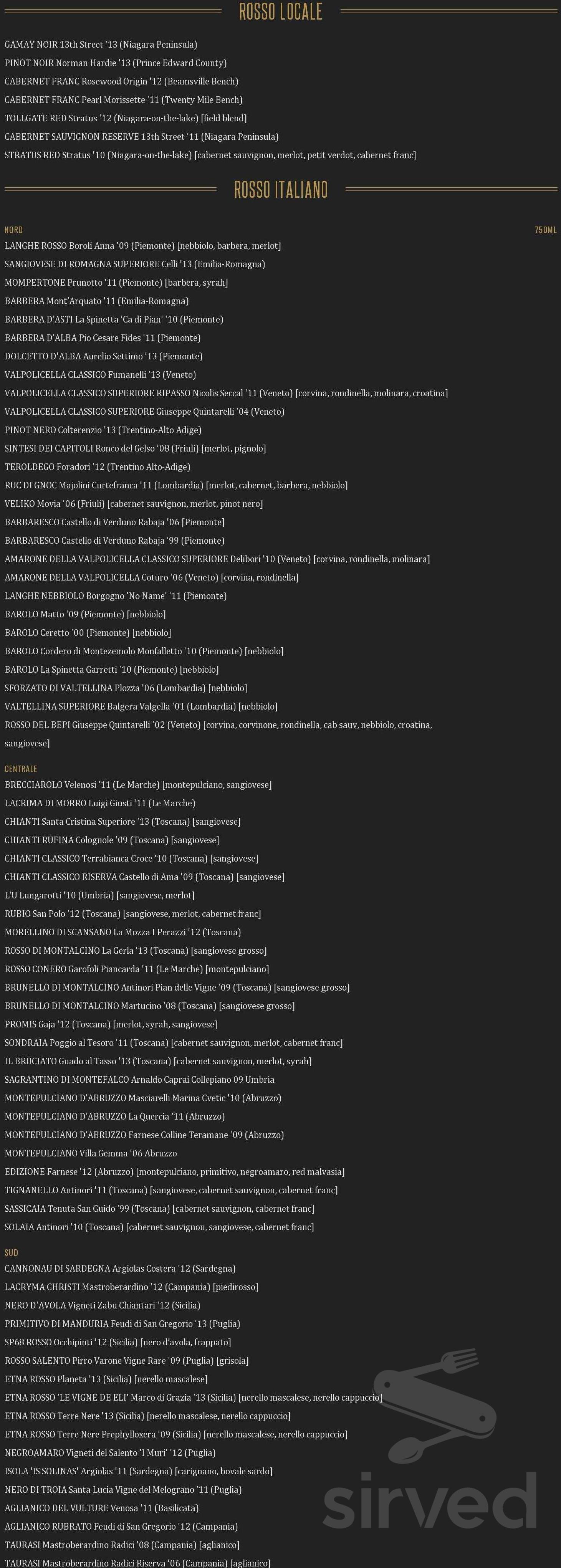 Taverna Mercatto menu in Toronto, Ontario, Canada
