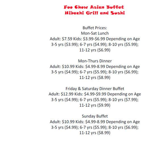 Foo Chow Asian buffet menu in Walker, Louisiana, USA