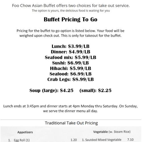 Foo Chow Asian buffet menu in Walker, Louisiana, USA