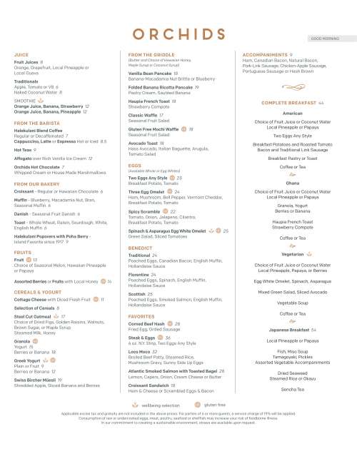 Orchids menu in Honolulu, Hawaii, USA