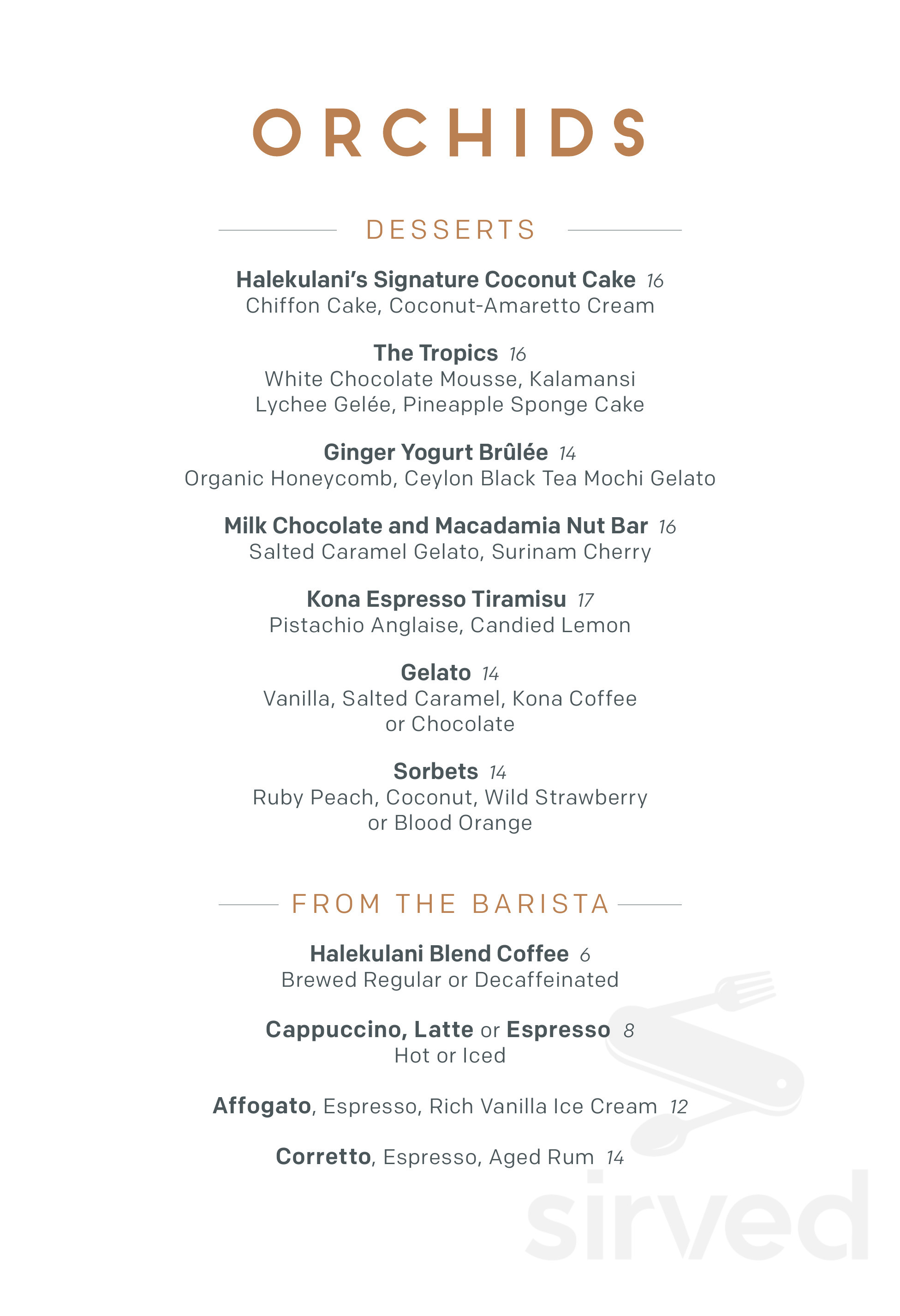 Orchids menu in Honolulu, Hawaii, USA