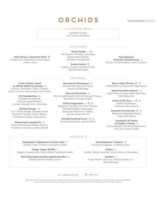 Orchids menu in Honolulu, Hawaii, USA