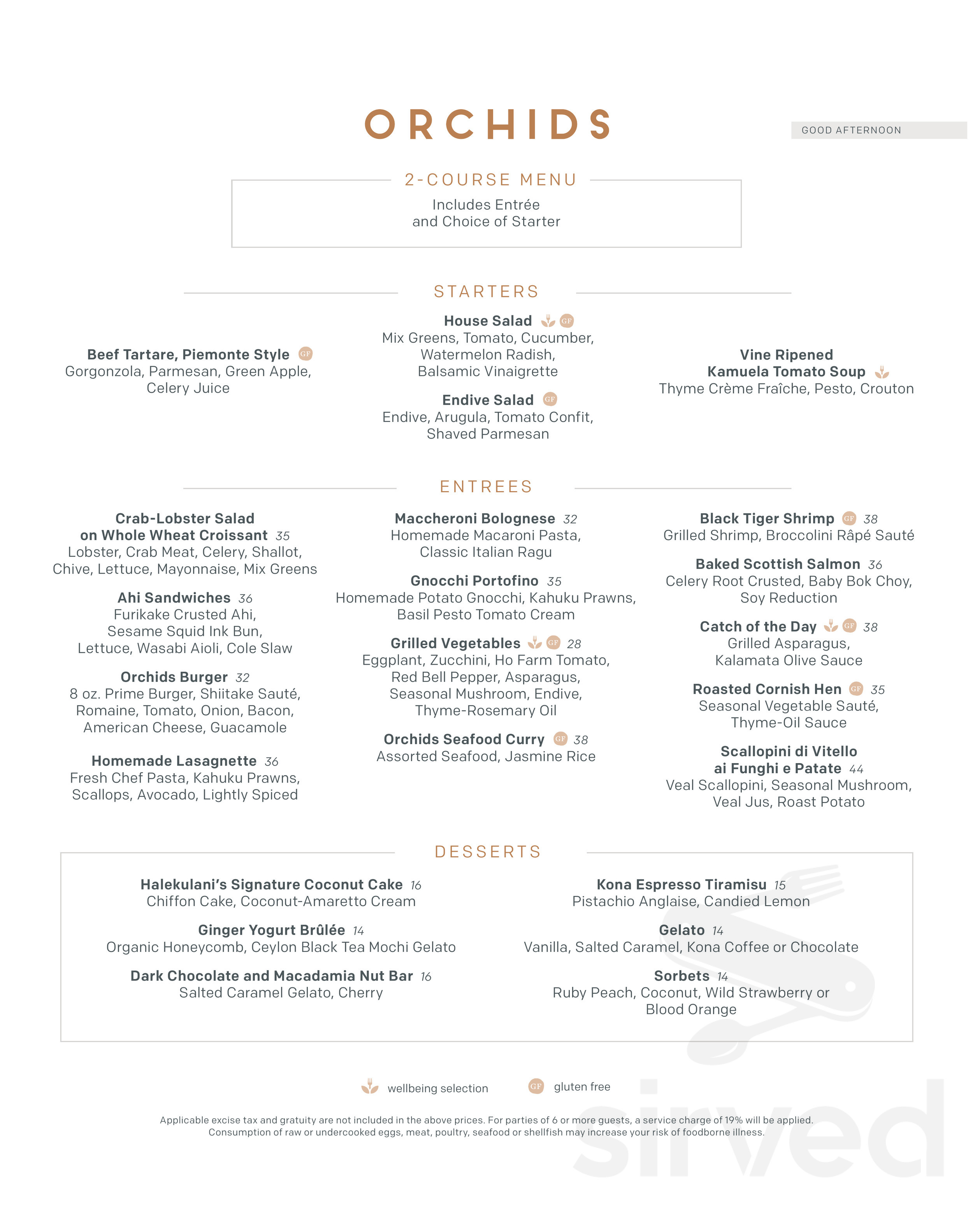 Orchids menu in Honolulu, Hawaii, USA