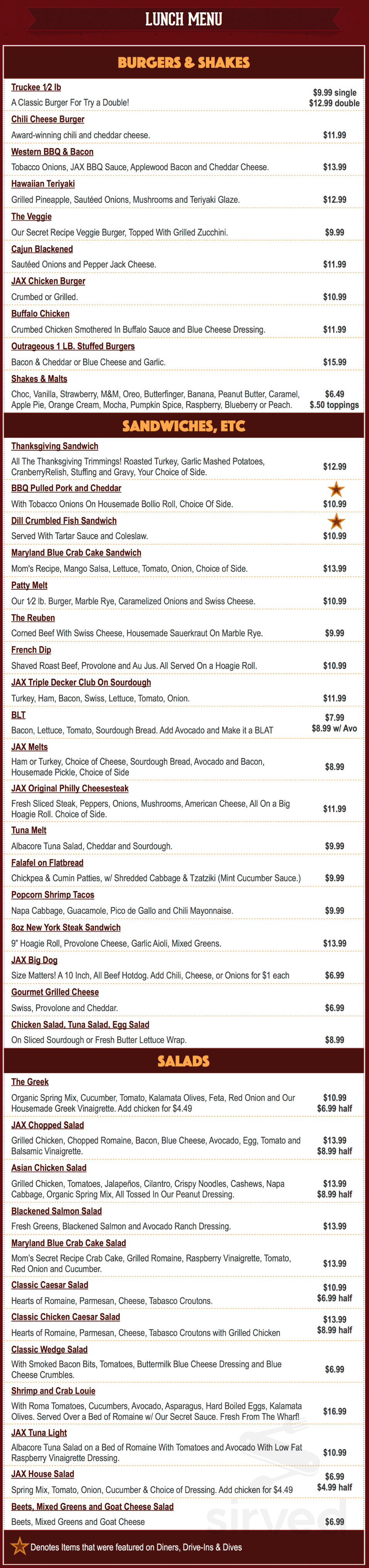 Menu - Truckee CA's Jax At The Tracks | Sirved
