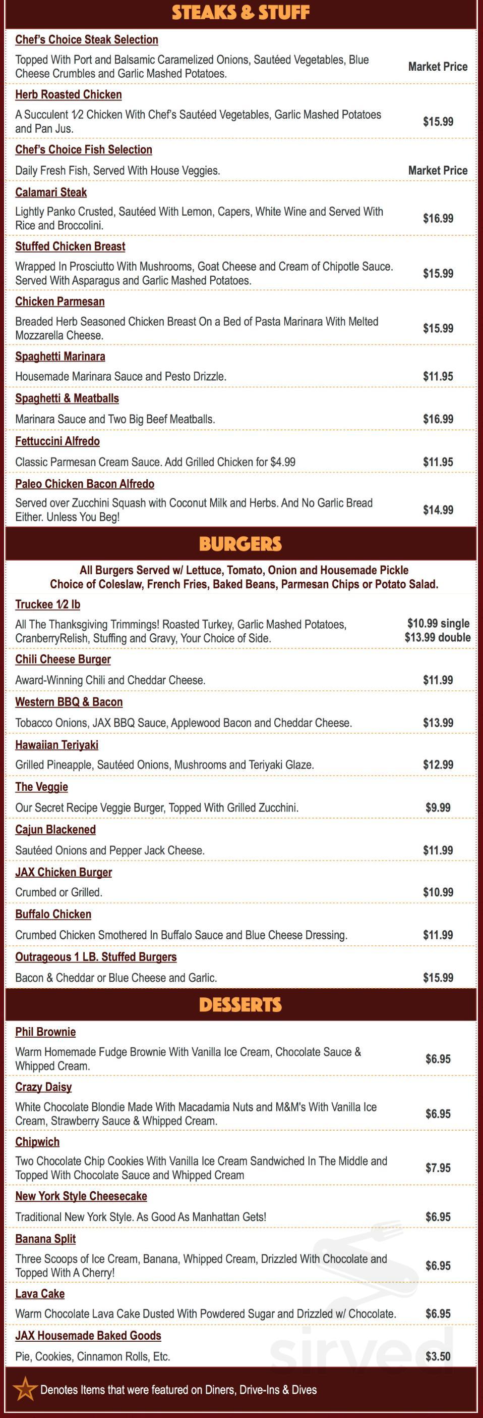Menu - Truckee CA's Jax At The Tracks | Sirved