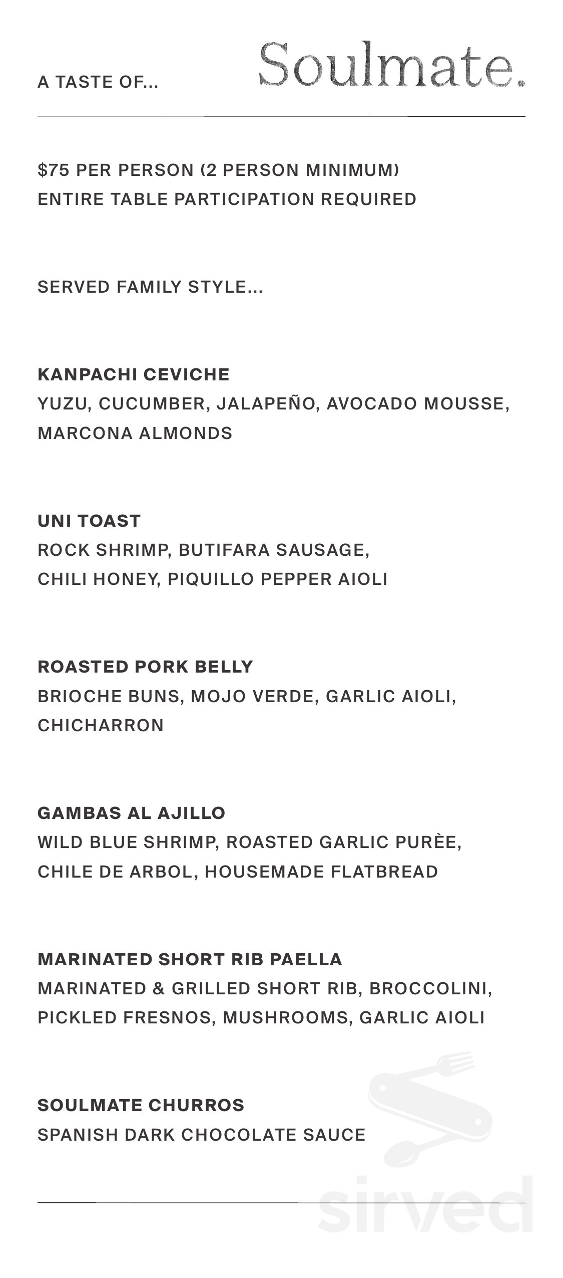 Soulmate menu in West Hollywood, California, USA
