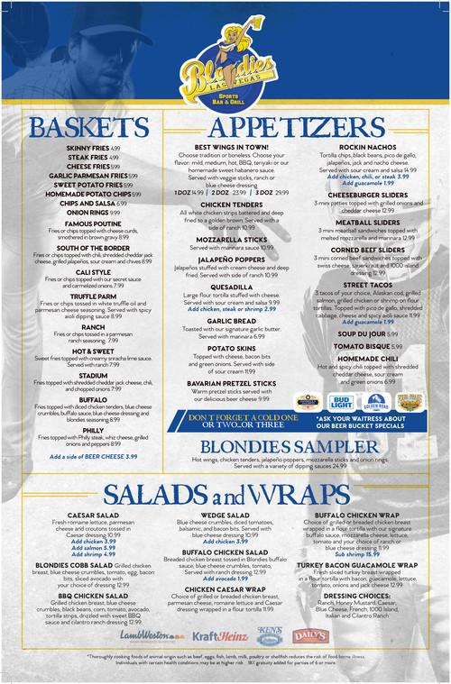 Blondies Sports Bar & Grill menu in Las Vegas, Nevada, USA