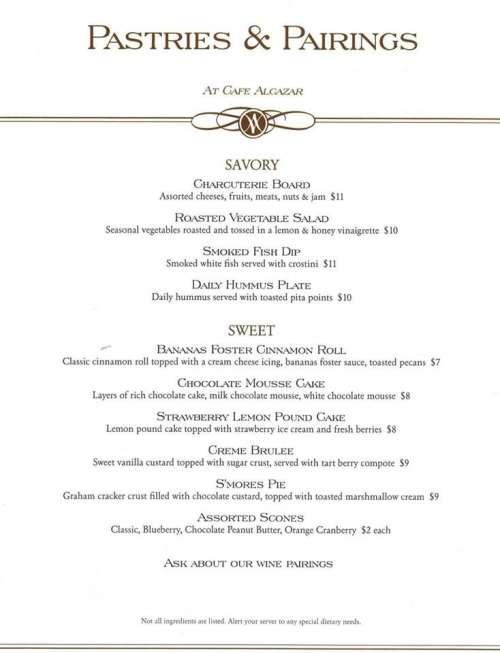 Café Alcazar menu in St. Augustine, Florida, USA