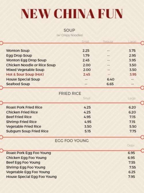 New China Fun menu in Tuscaloosa, Alabama, USA