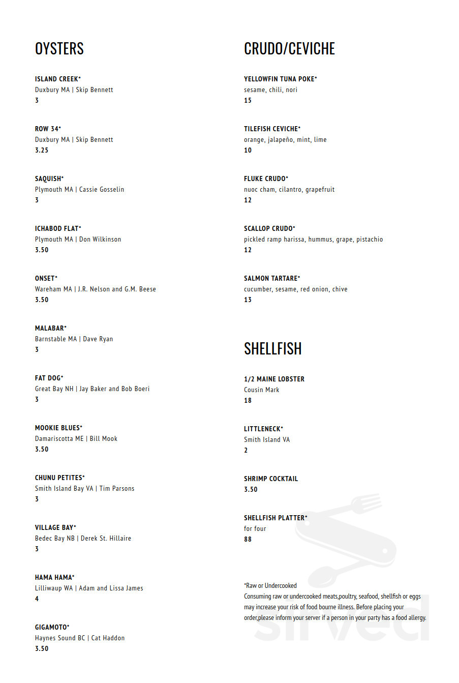 Row 34 menu in Burlington, Massachusetts, USA