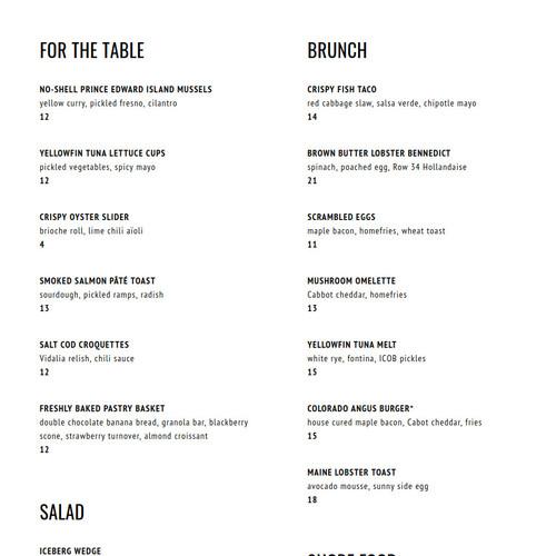 Row 34 menu in Burlington, Massachusetts, USA