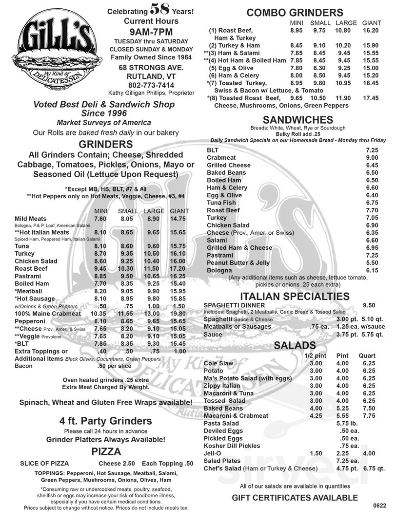 Gill's Delicatessen menu in Rutland, Vermont, USA