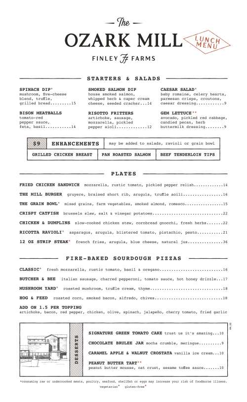 The Ozark Mill Restaurant at Finley Farms menu in Ozark, Missouri, USA