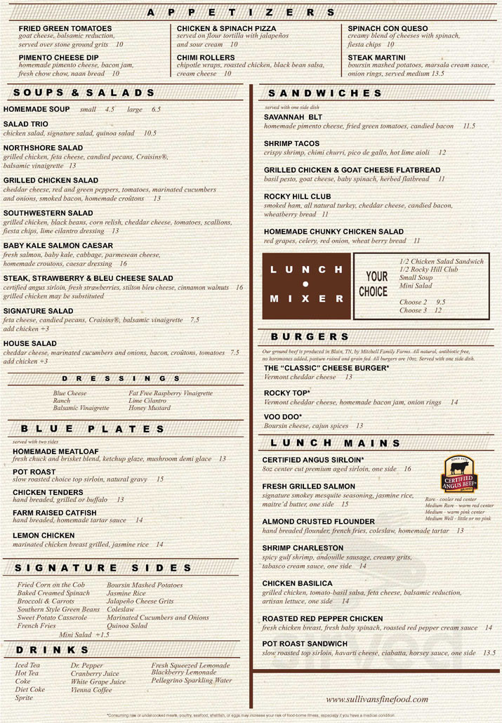 Sullivan's Fine Food menu in Knoxville, Tennessee, USA