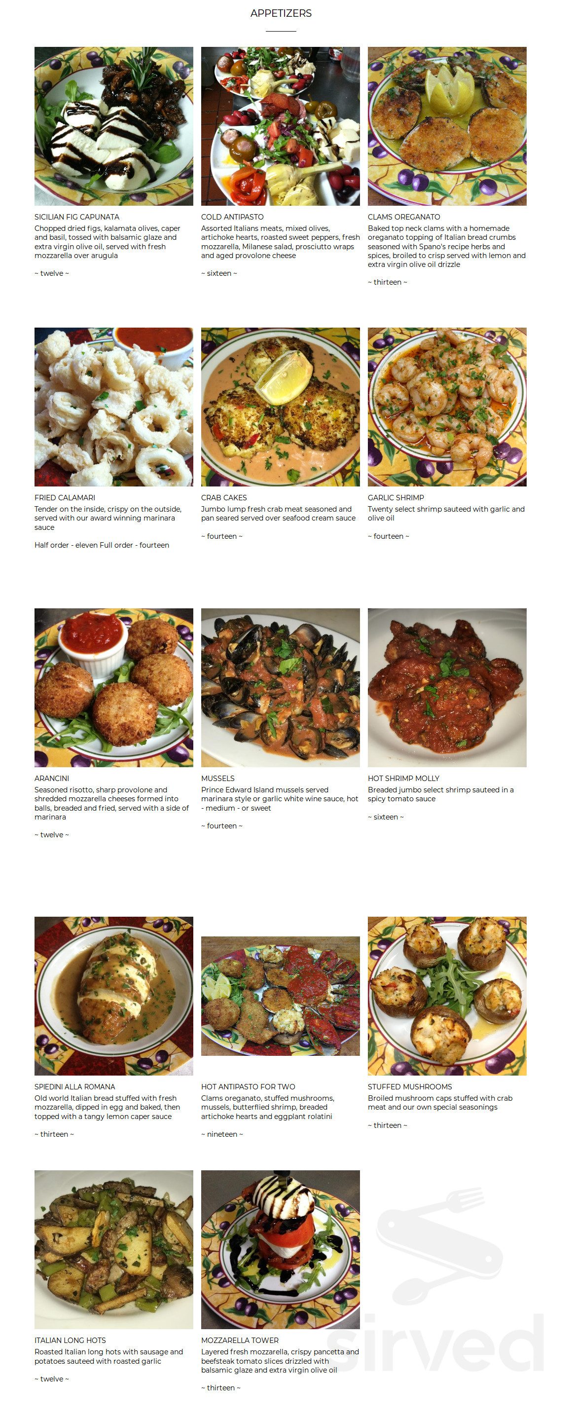 Spano's Ristorante Italiano menu in Point Pleasant Beach, New Jersey, USA