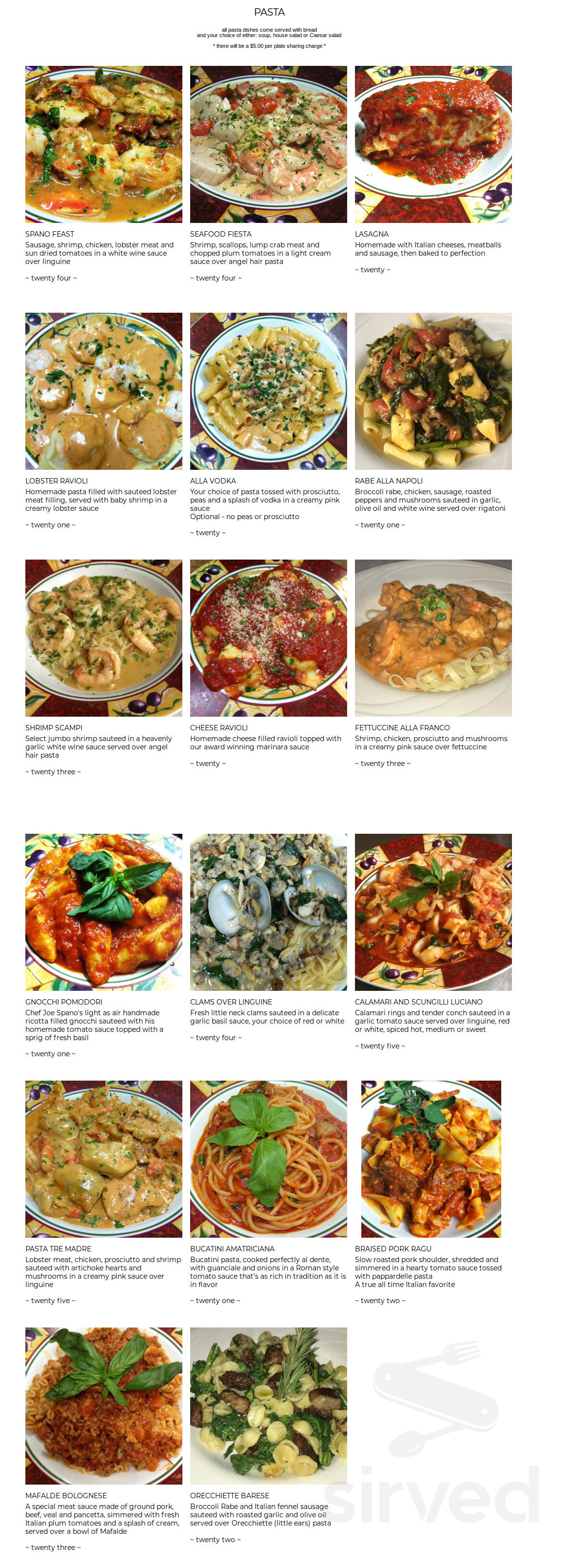 Spano's Ristorante Italiano menus in Point Pleasant Beach, New Jersey ...