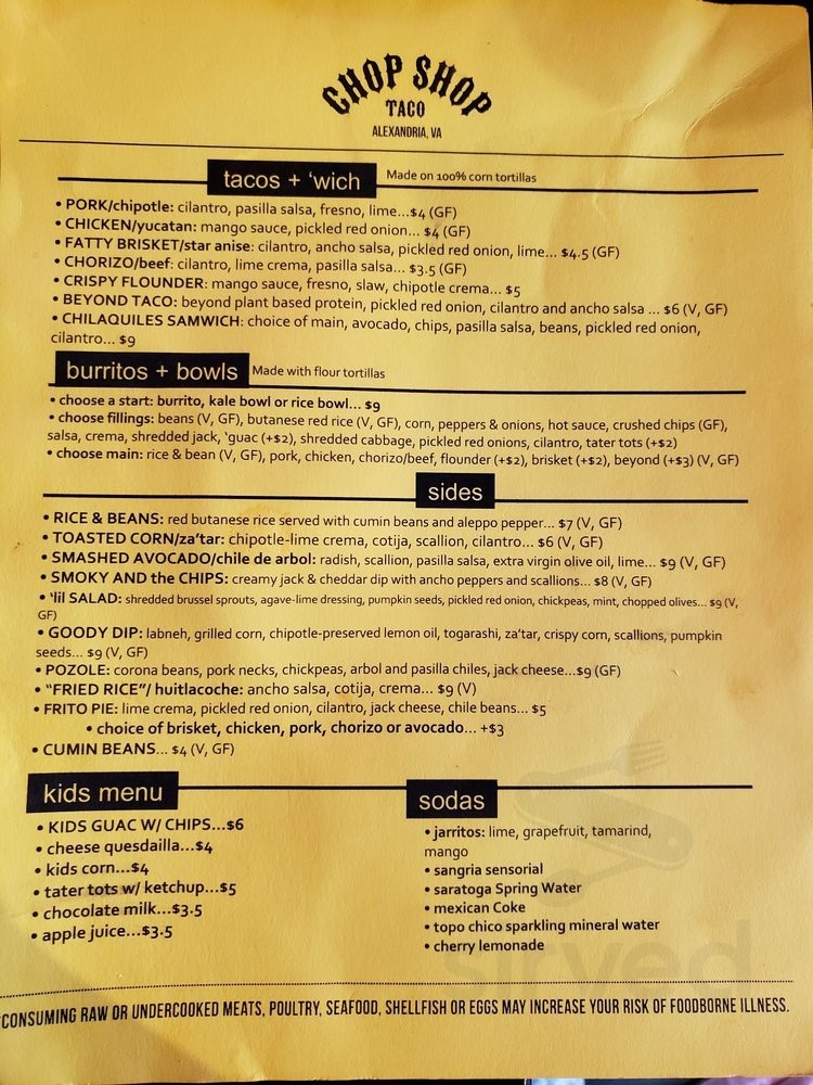 Chop Shop Taco menu in Alexandria, Virginia, USA