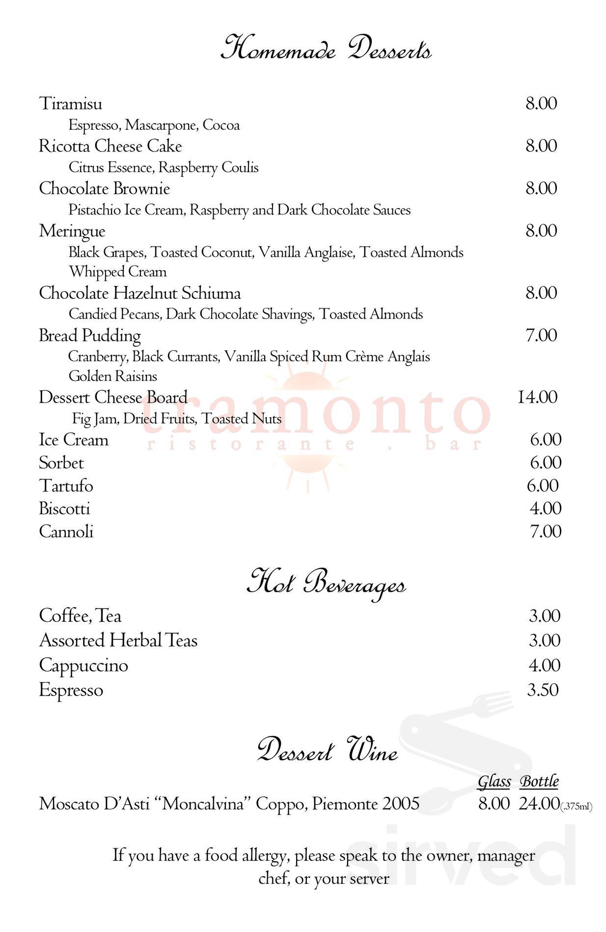 Tramonto Restaurant menu in Hawthorne, New York, USA