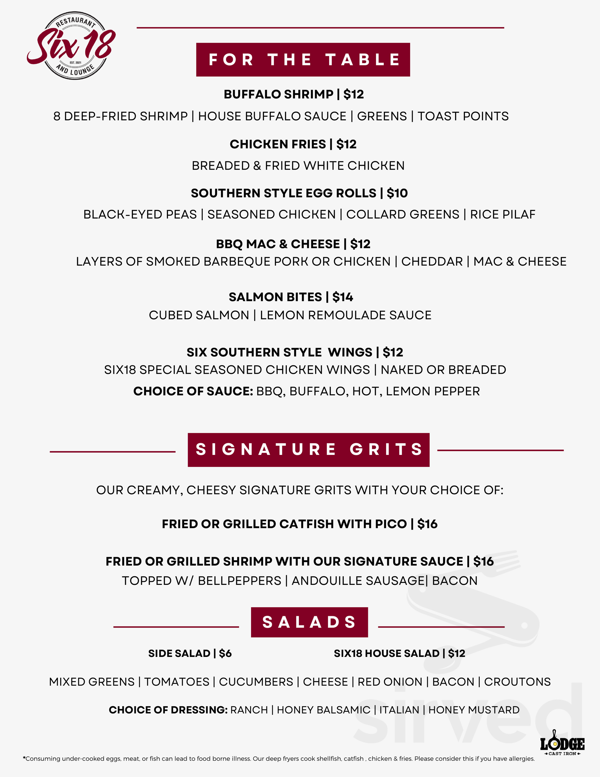 Menu - Chattanooga TN's Six18 Restaurant & Lounge | Sirved