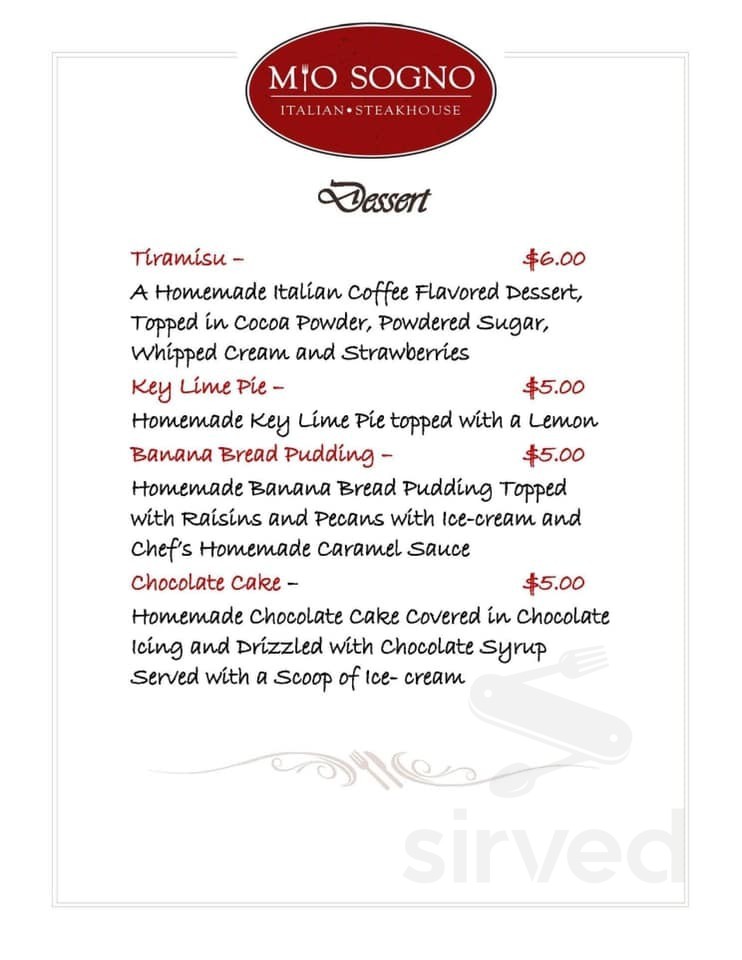 Menu for Mio Sogno in Oneonta, AL | Sirved
