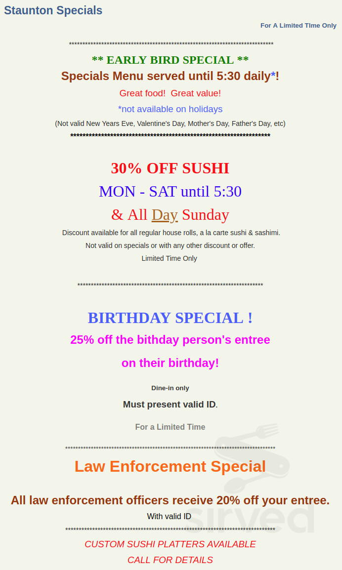 Massaki Japanese Steakhouse & Sushi Bar menu in Staunton, Virginia, USA