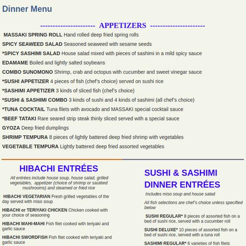 Massaki Japanese Steakhouse & Sushi Bar menu in Staunton, Virginia, USA