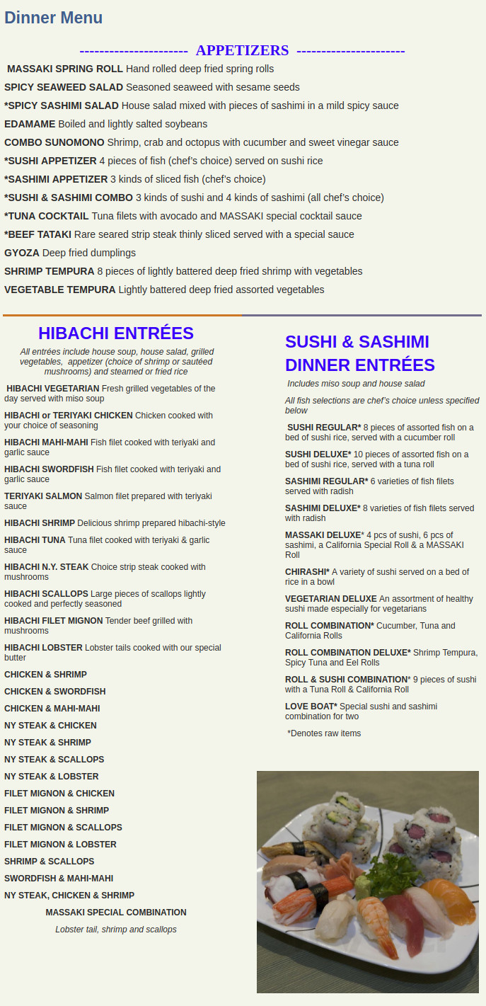 Massaki Japanese Steakhouse & Sushi Bar menu in Staunton, Virginia, USA