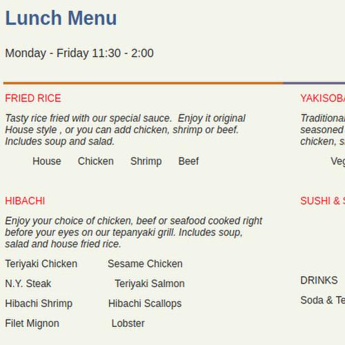 Massaki Japanese Steakhouse & Sushi Bar menu in Staunton, Virginia, USA