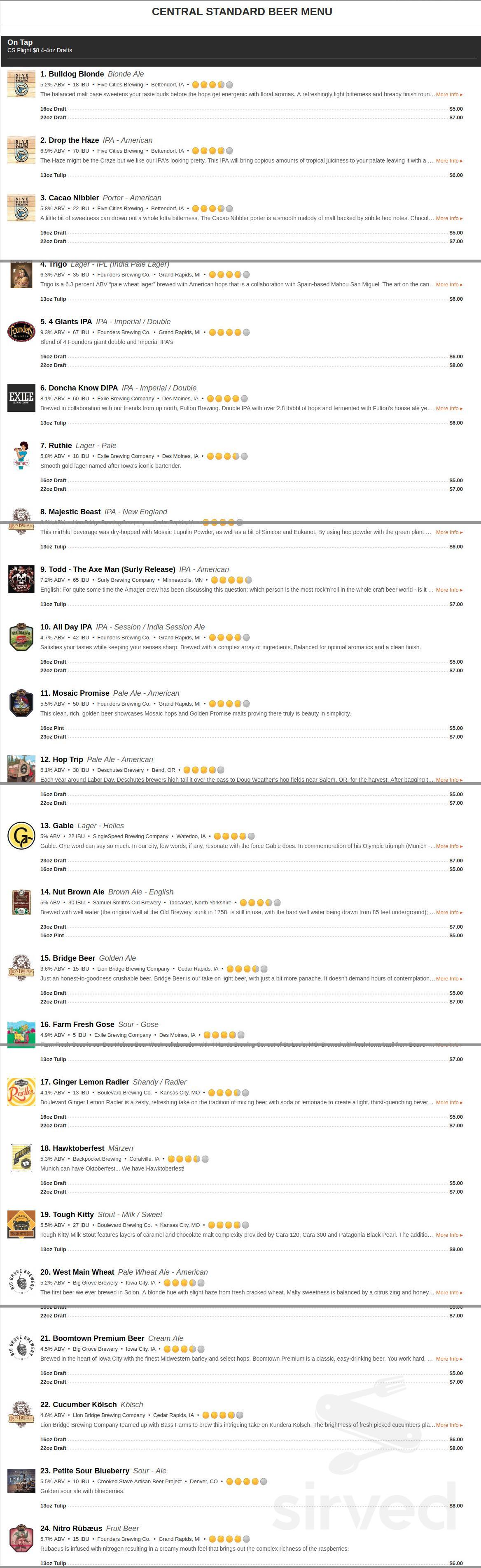 Central Standard Craft Burgers & Beer menu in Bettendorf, Iowa, USA